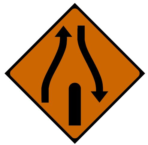 RW033 - Road Safety Sign - End of central reserve or obstruction roadw ...